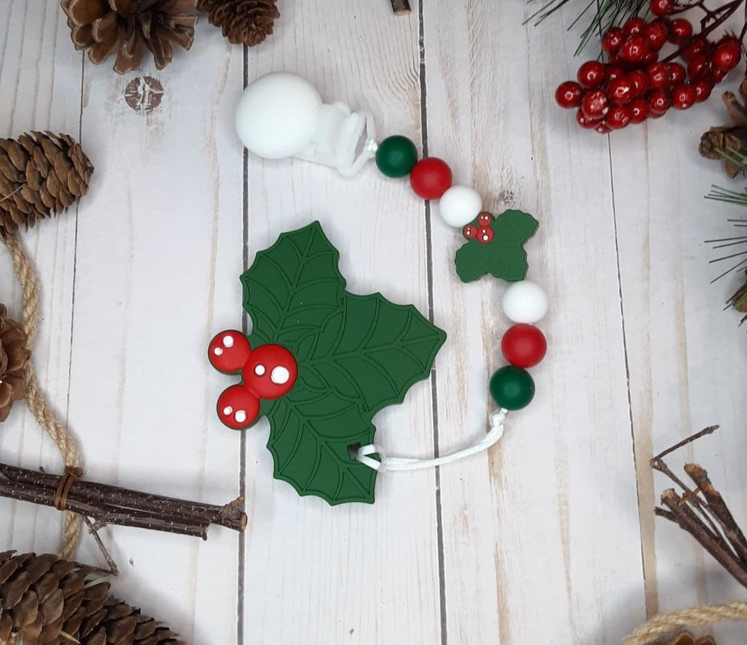 Holly Berry Christmas Pacifier Clip with Teether, Silicone – Sassy Silicone